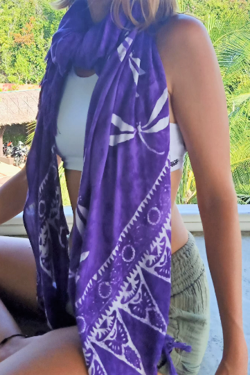 Purple Batik Sarong with Dragonflies by Lotus Tribe Clothing