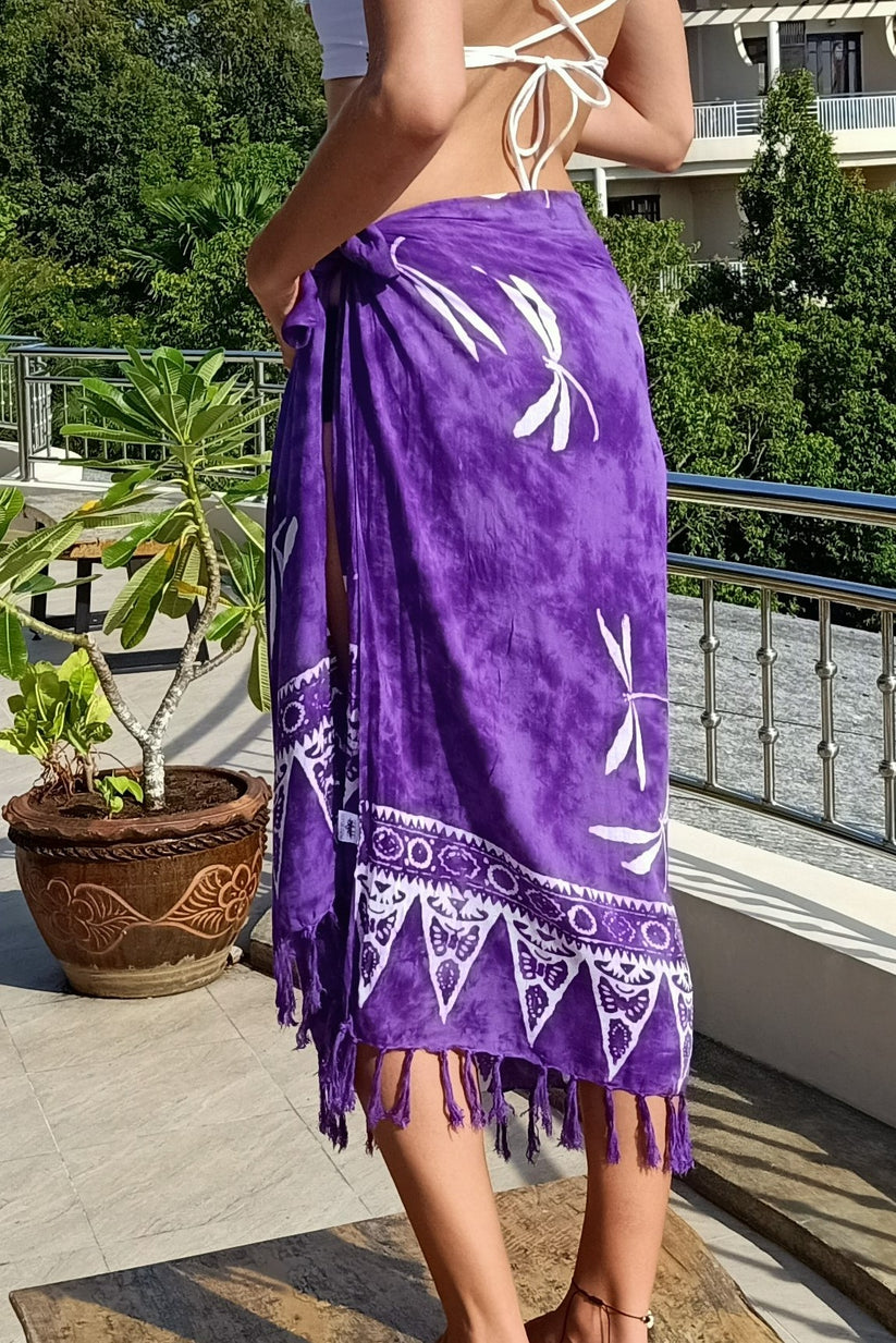 Purple Batik Sarong with Dragonflies by Lotus Tribe Clothing